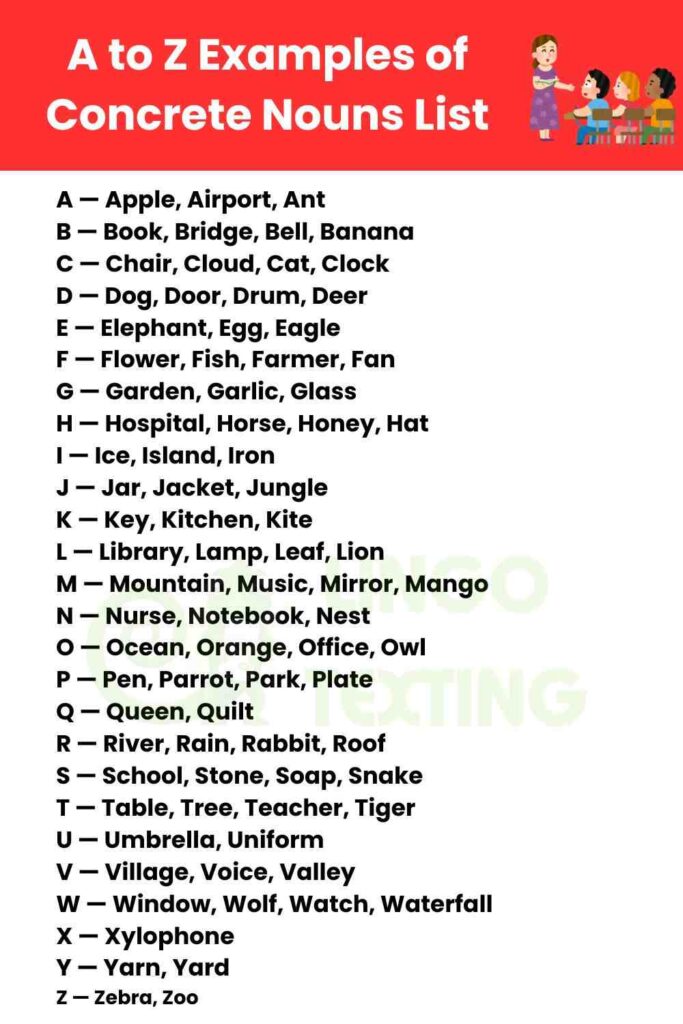 100 Examples of Concrete Nouns in English - With Meaning and Uses